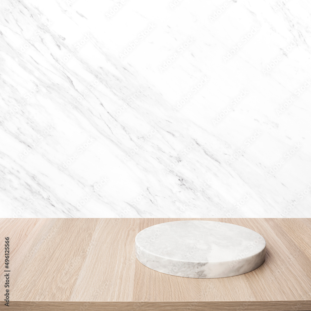 Marble on wood table top background.For montage product display Stock ...