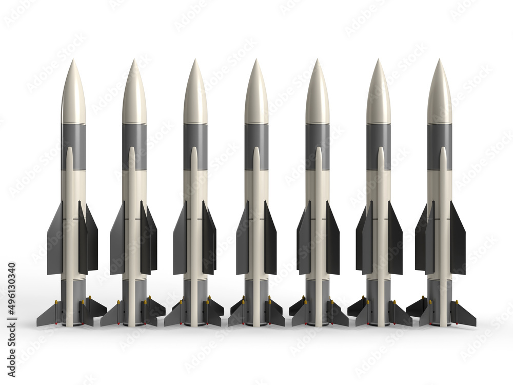 3d render many missiles stand vertically in a row on a white background ...