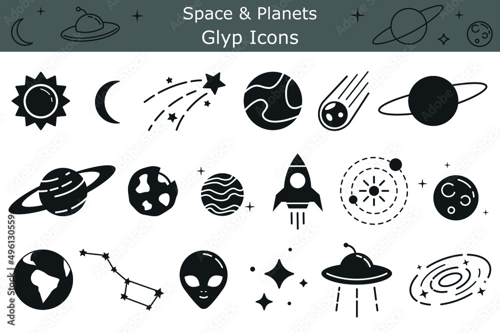 Space and planets solid icons set. Rocket, solar system model, crescent ...