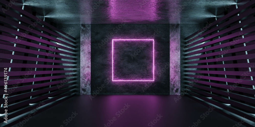 empty futuristic dark black metal basement with violet square light 3d ...