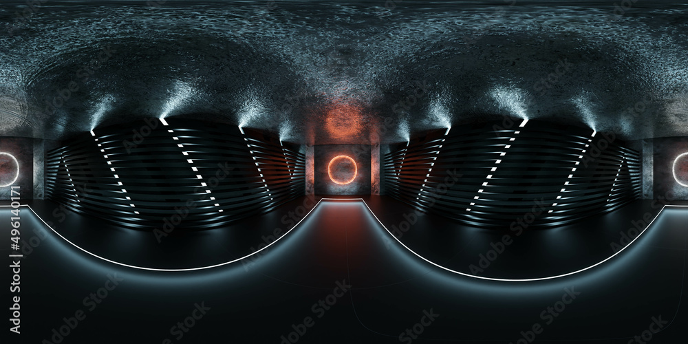 360 degree full panorama environment map of empty futuristic dark black ...
