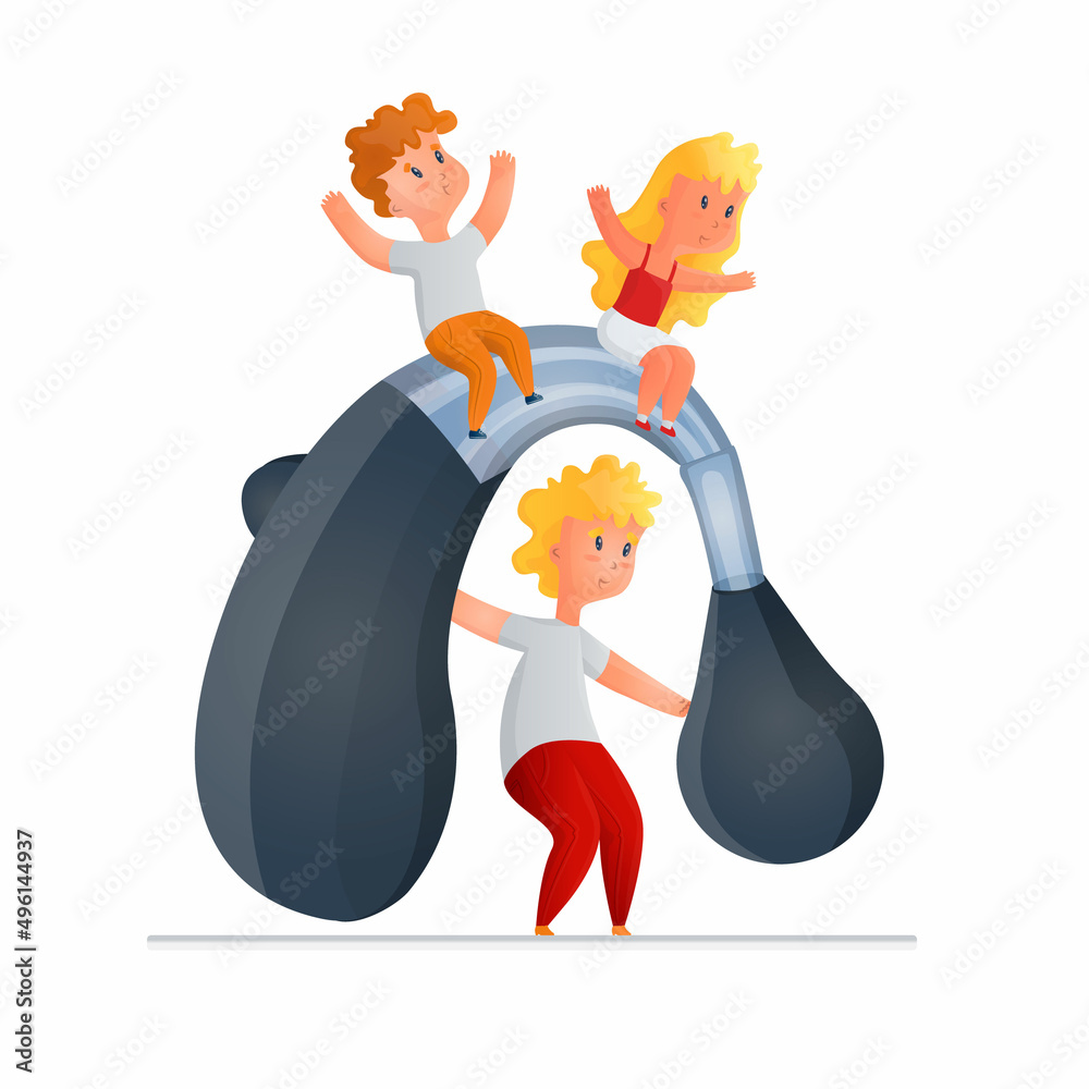Vector illustration enlarged hearing aid on which children are sitting ...
