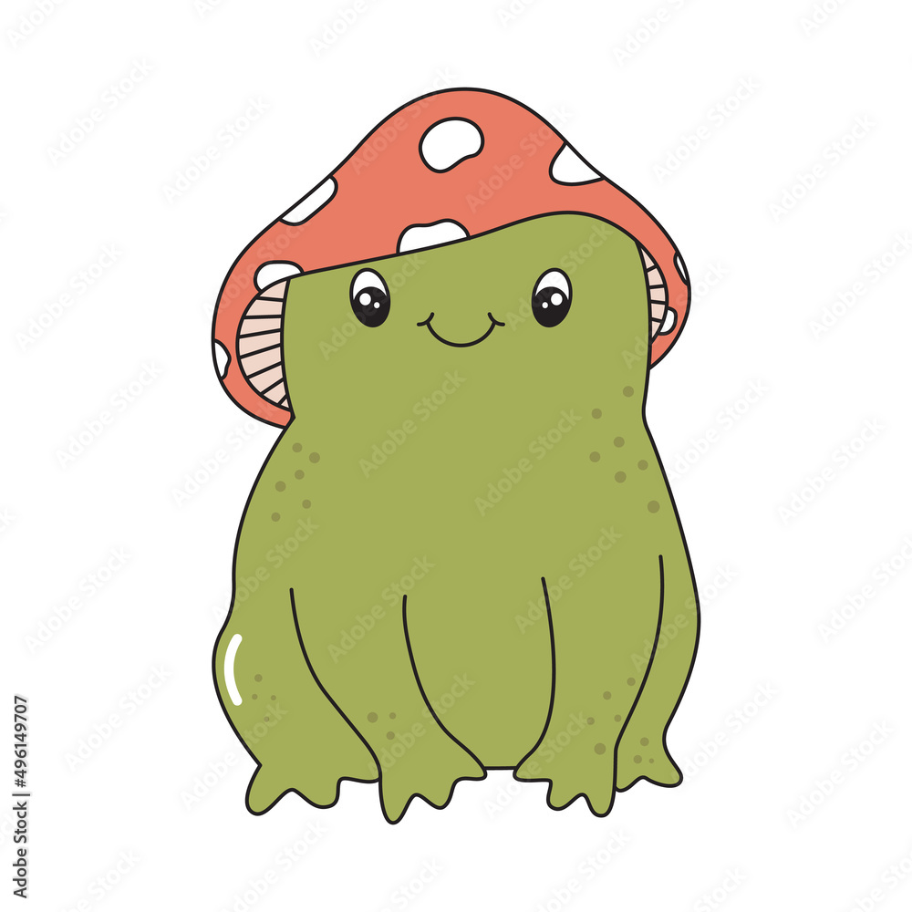 Cartoon vector frog character wearing mushroom hat. Cute toad in retro ...