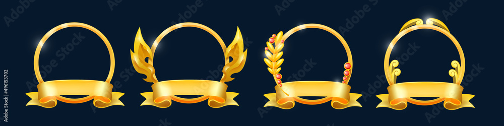 Gold winner frame kit, vector UI game award wreath icon set, victory ...