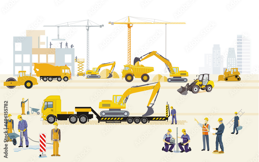 Baustelle mit Bagger, Bau -Maschienen und Schweren Lastwagen, Illustration Stock Vector | Adobe ...