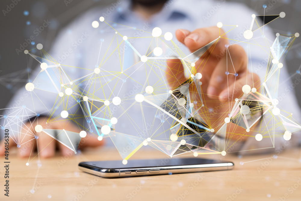 Global network. Blockchain. 3D illustration. Neural networks and ...