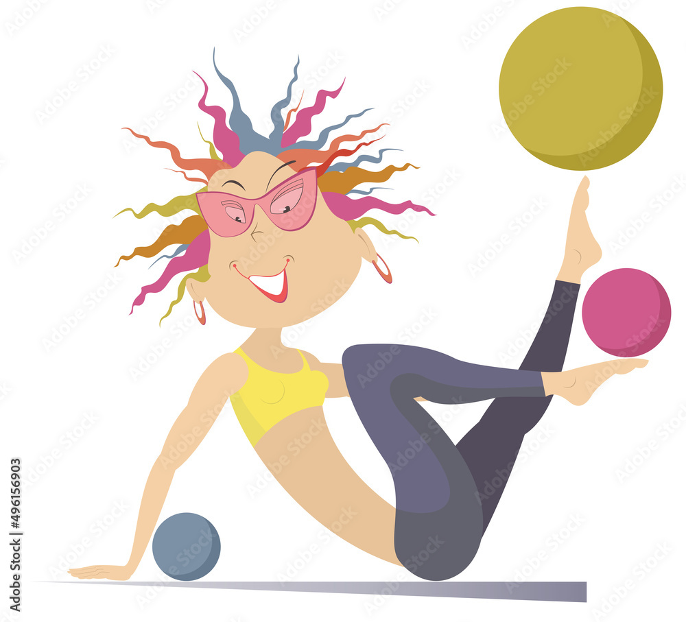 Cartoon young woman with lithe figure do exercises with the balls ...