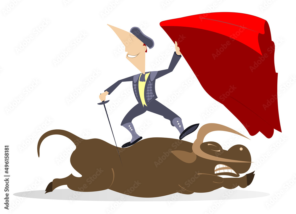 Cartoon bullfighter wins a victory other the bull illustration. Cartoon ...
