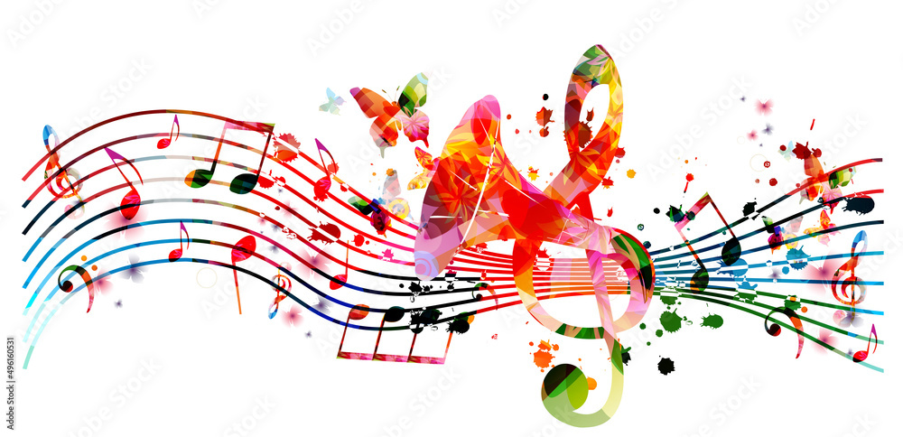 Colorful musical poster with musical notes, staff, gramophone horn and ...
