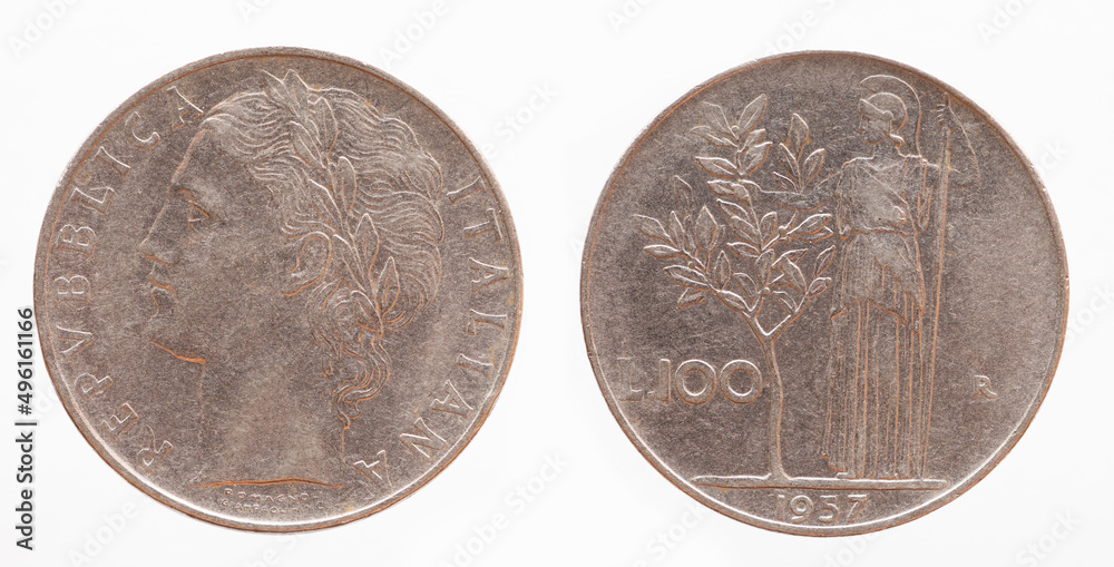 Italy - circa 1957: a 100 lire coin of Italy showing a woman head of ...