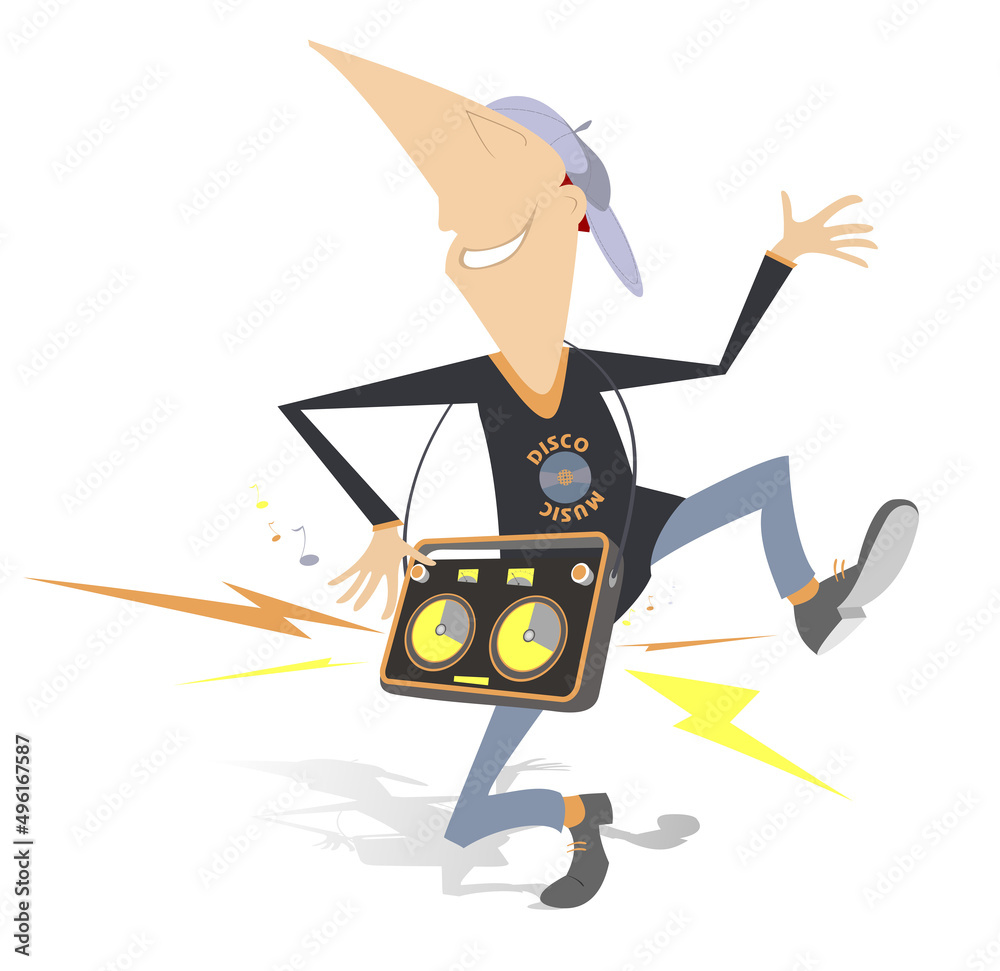 Cartoon dancing man with portable audio system turn the volume up full ...