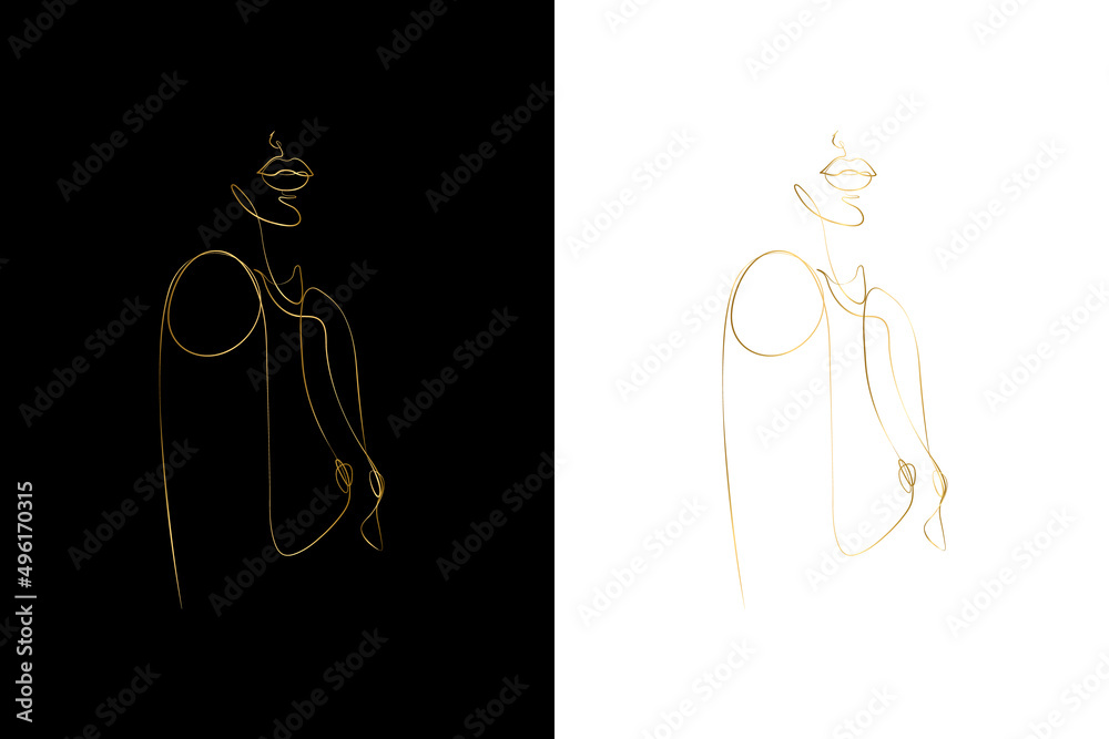 Abstract face gold one line vector drawing. Portrait minimalistic style ...