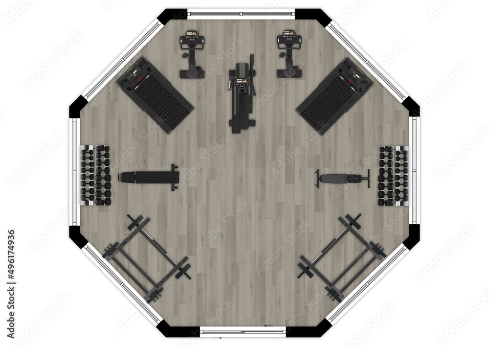 3d interior rendering plan view of furnished gym. Floor plan. 3d ...