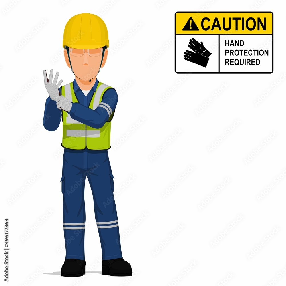 An industrial worker is putting on the gloves on white background Stock ...