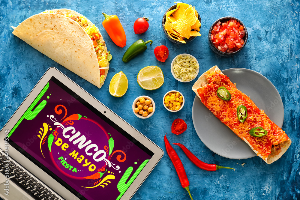 Traditional Mexican food and laptop on color background. Cinco de Mayo ...