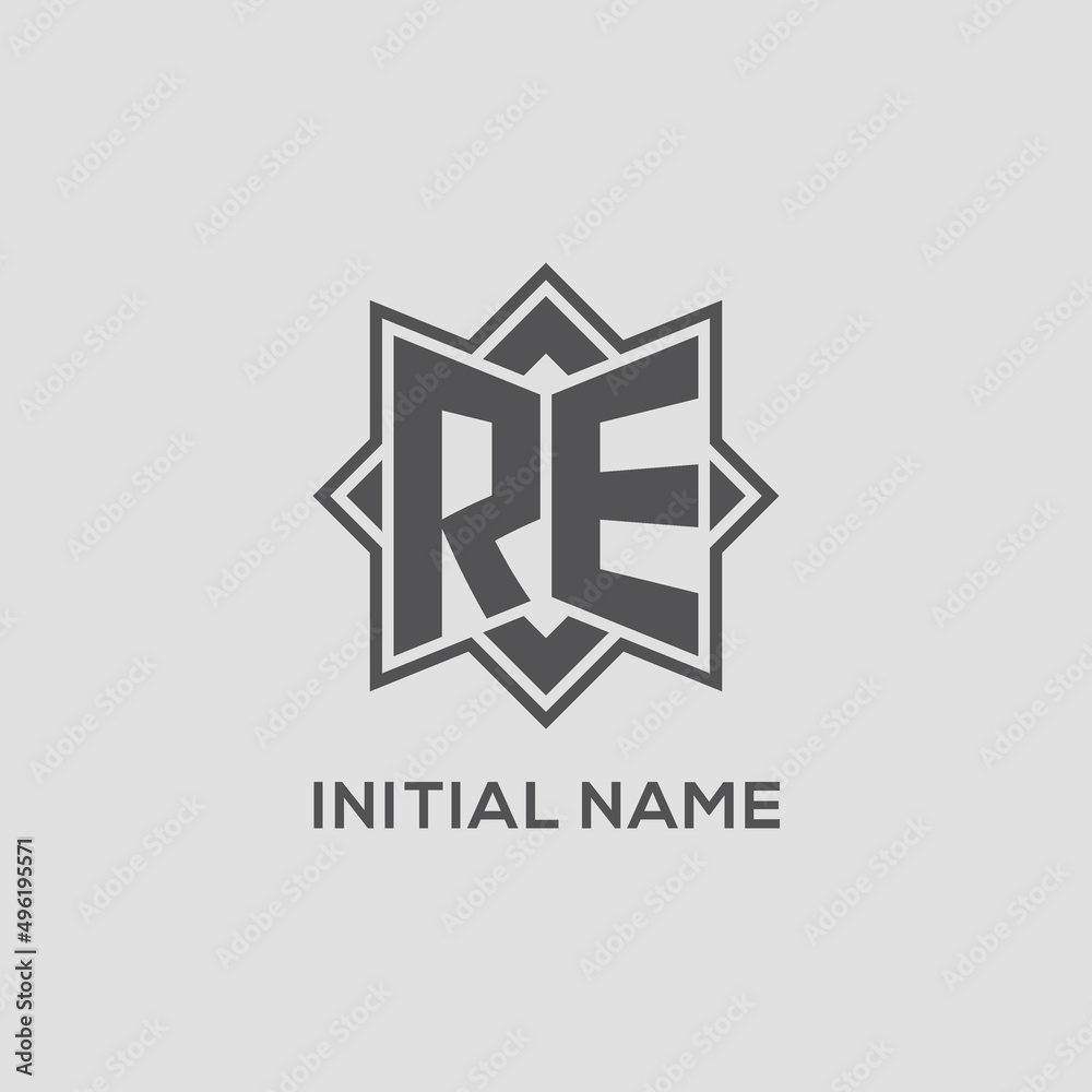Monogram RE logo with eight point star style design Stock Vector ...