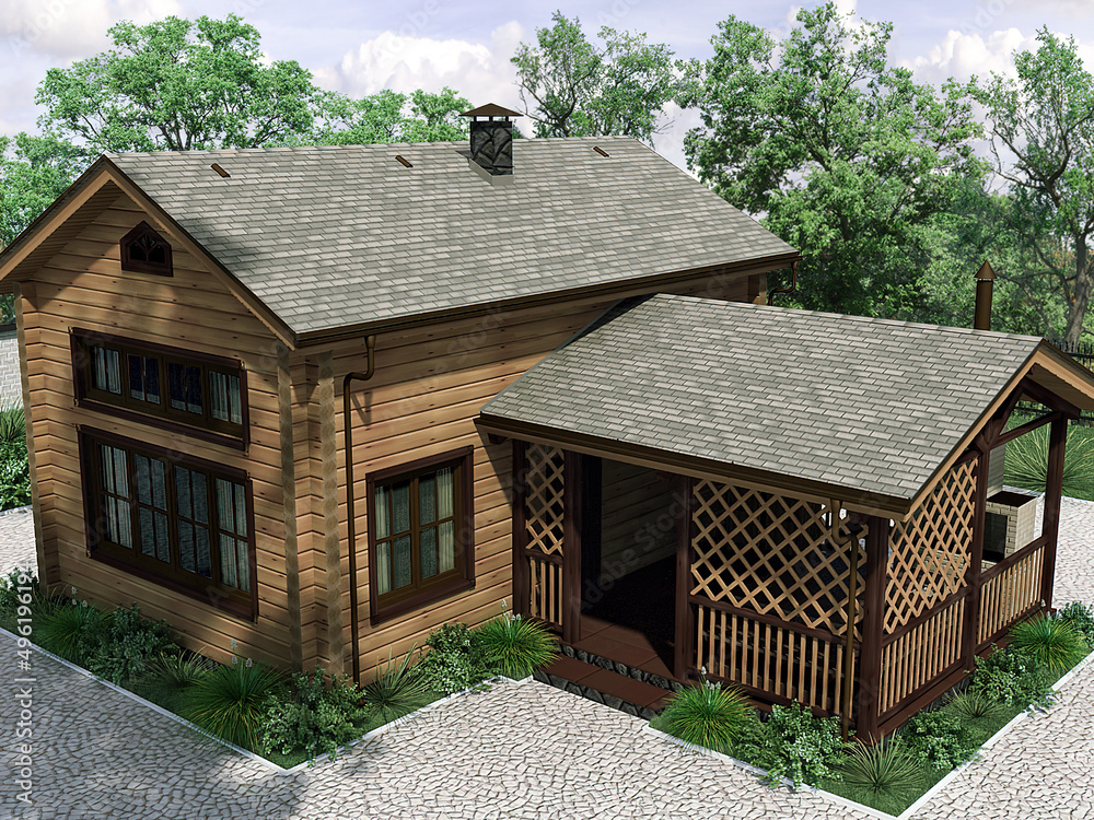 3d render of an architectural project of a wooden house from a log ...