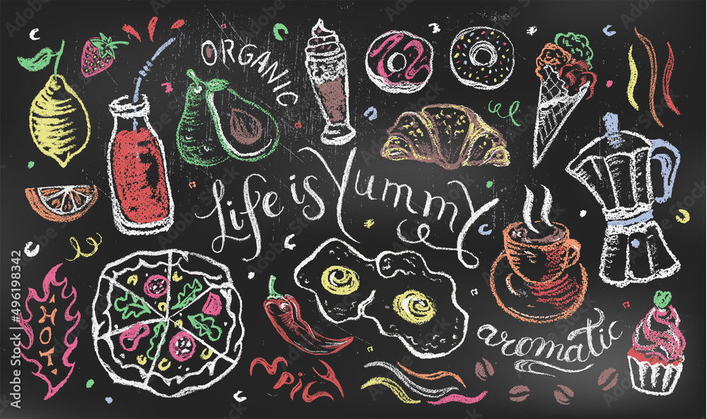 Food and drink illustrations with hand drawn lettering quotes on ...