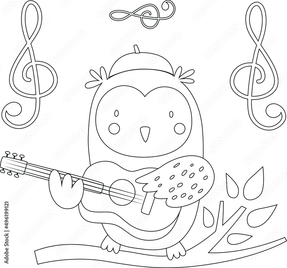 Cute Animal Coloring pages for Kids with Musical Instrument Stock ...