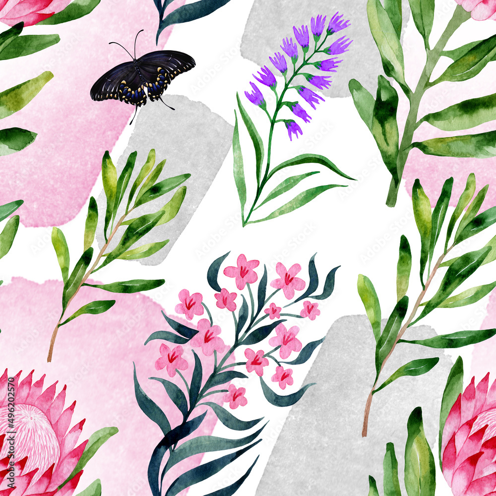 Seamless pattern of many wildflowers and leaves, royal protea. It is ...