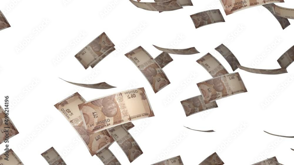 10 Indian Rupee bills falling down. Banknotes isolated on white ...