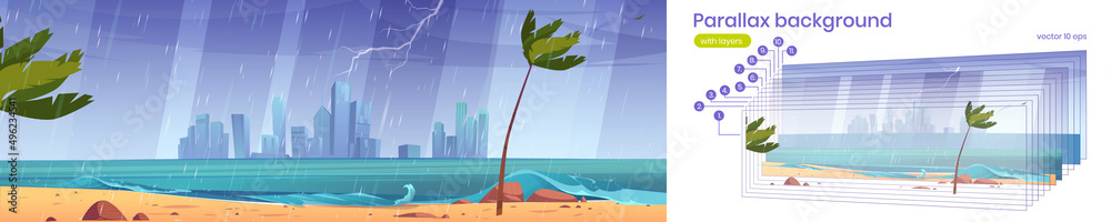Tropical landscape with sea and city on horizon in rain. Vector ...