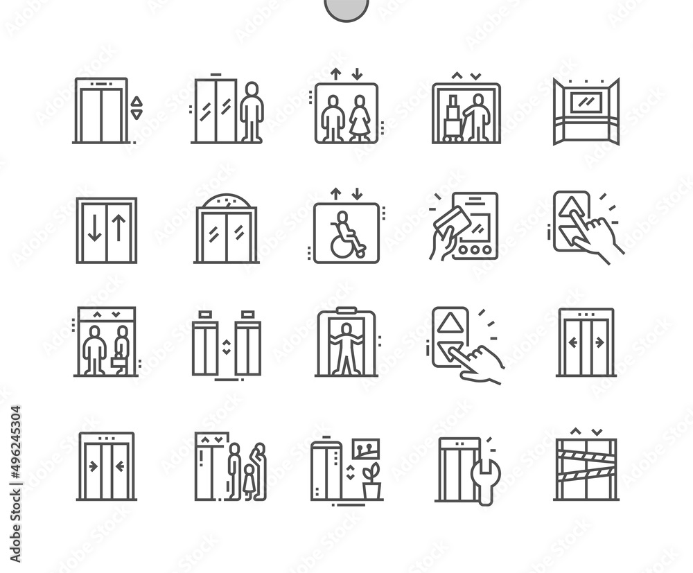 Elevator. Open and close doors. Service lift. Pixel Perfect Vector Thin ...