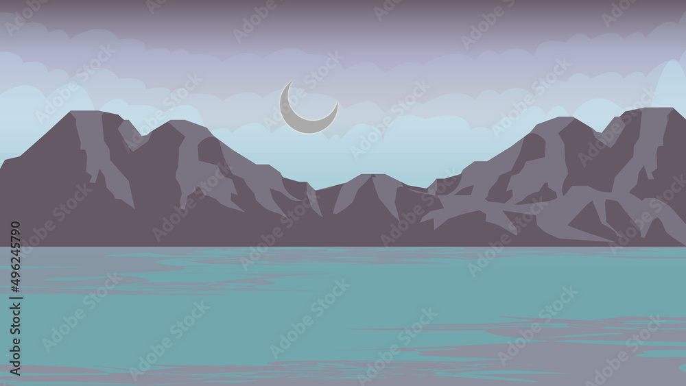 Animated lake landscape view with moon and clouds in sky-high ...
