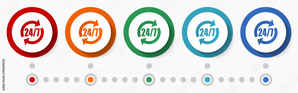 24 for 7 service concept vector icon set, flat design colorful buttons ...