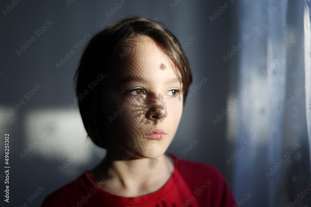 Artistic portrait of a teenage boy, standing next to a window, shadows ...