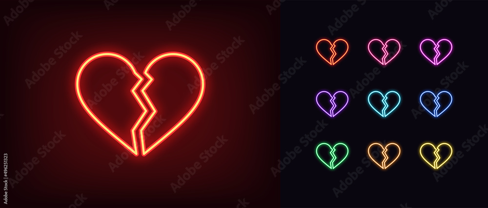 Outline neon broken heart icon. Glowing neon heart with crack ...