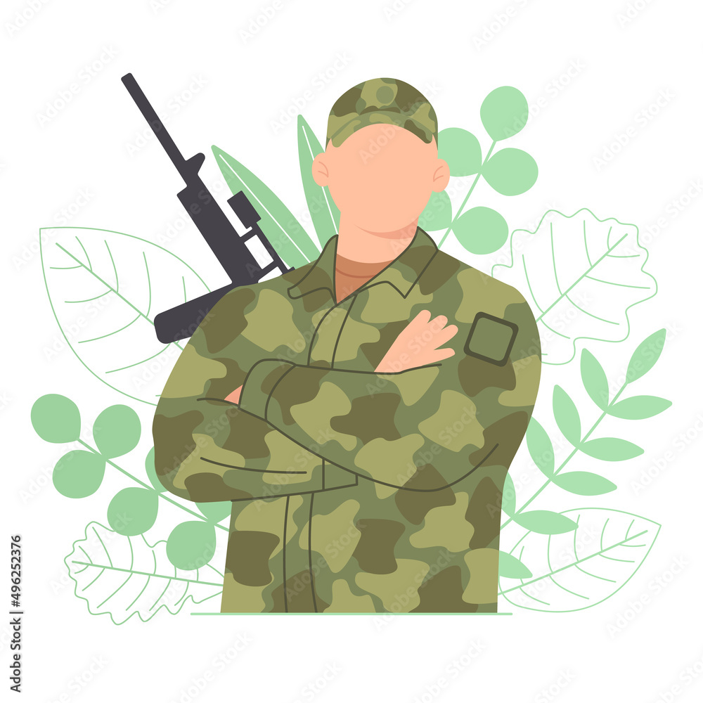Man in military clothes on a background of green leaves with a weapon ...