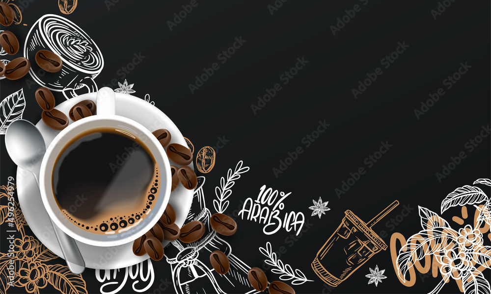 Realistic coffee background with drawings Stock Vector | Adobe Stock