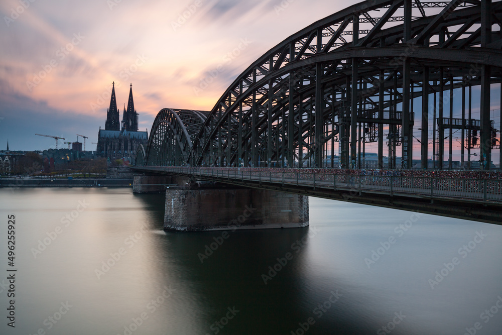 Evening scene over Cologne city with Kolner Cathedral behind the ...