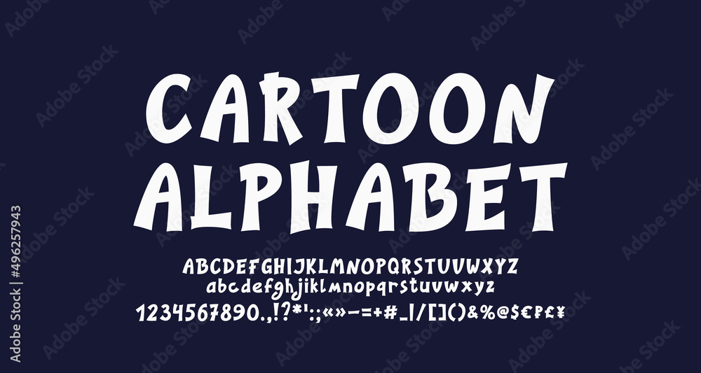 White cartoon font set with alphabet letters, numbers, punctuation ...