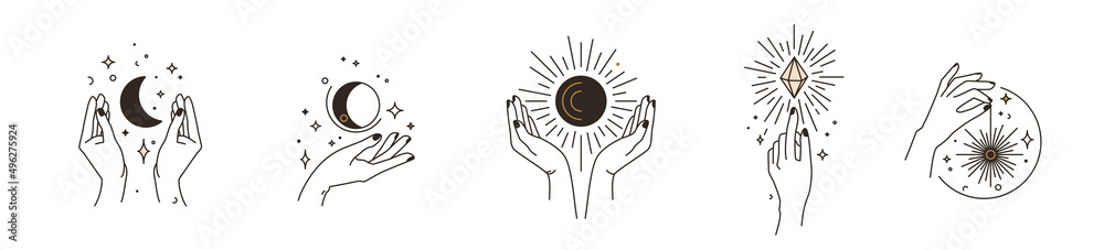 Woman hand logos with star, moon, sun and crystal in simple line flat ...