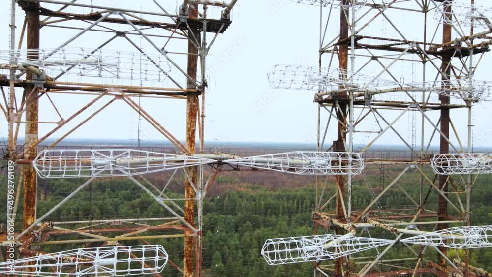 Aerial view of Former remains of Duga radar system in abandoned ...
