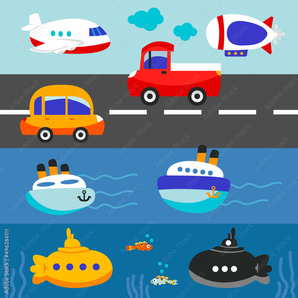 Flat transport car, bus, board, plane, submarine, airship. City road ...