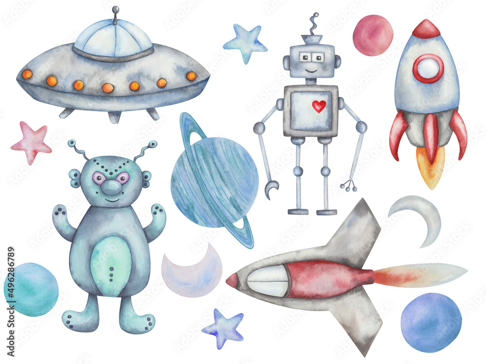 Watercolor illustration of hand painted spaceship, spacecraft. Rocket ...