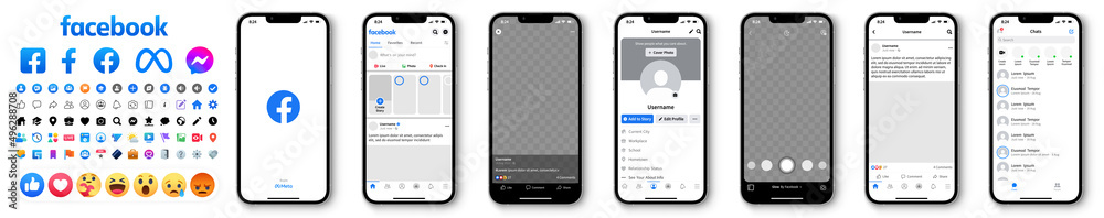 Facebook mockup set. Stories, liked, posts, photo, messenger, friends ...