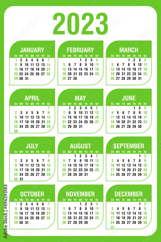 Calendar 2023 yearly. Week starts on Sunday. Vector illustration, green ...