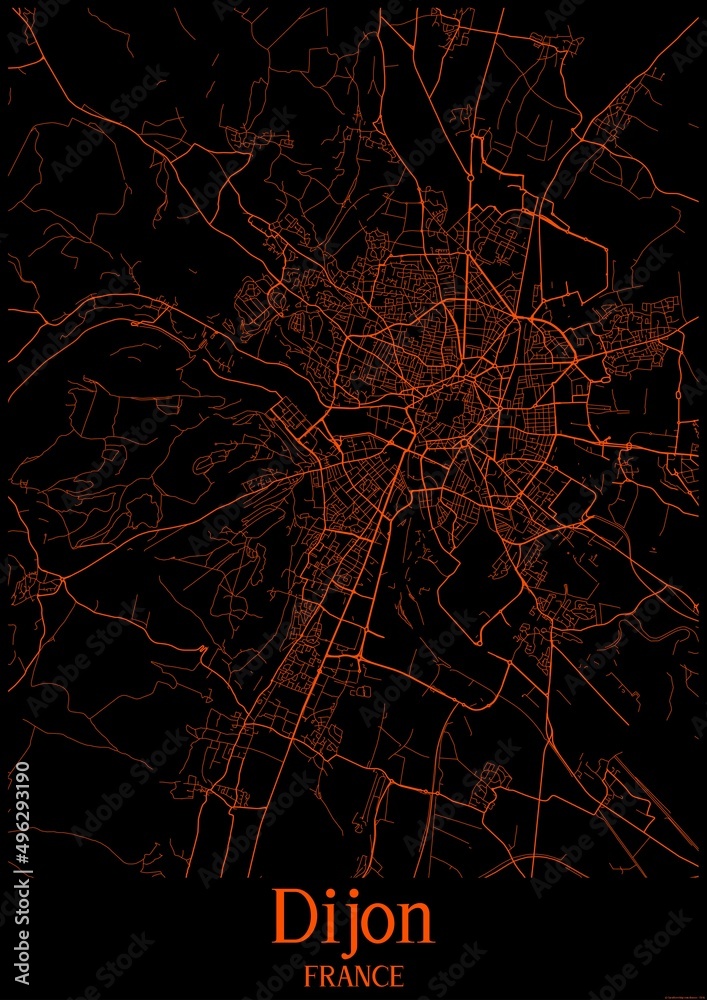 Black and orange halloween map of Dijon France.This map contains ...