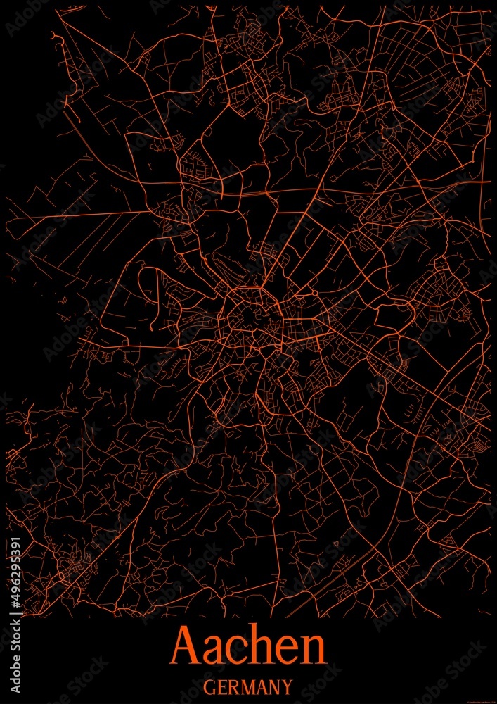 Black and orange halloween map of Aachen Germany.This map contains ...