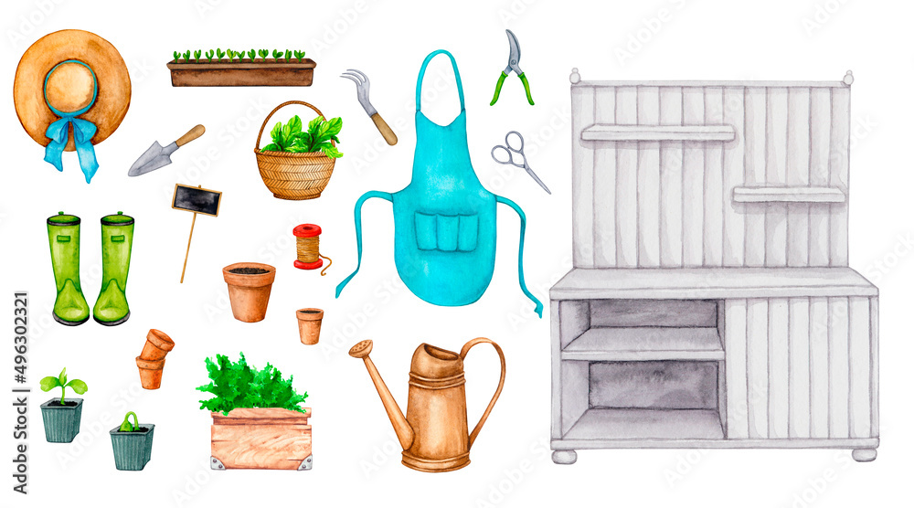 Garden work. Set of watercolor elements: wooden garden shelving ...