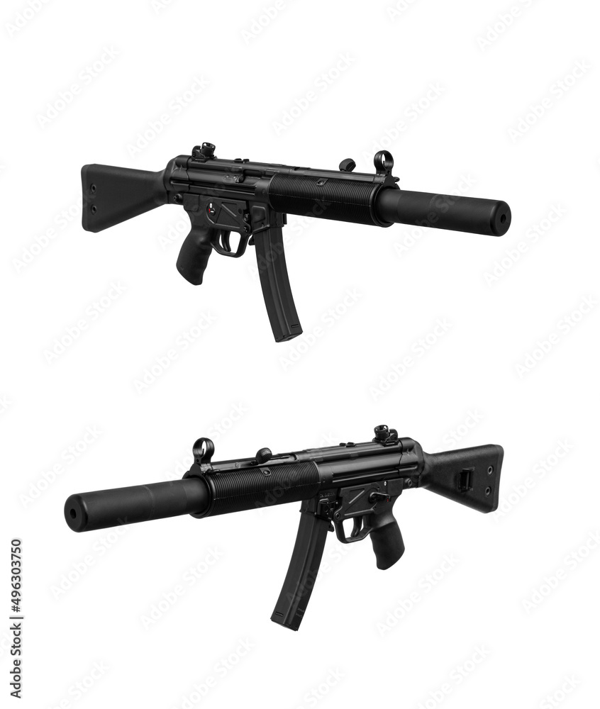 Submachine gun mp5. Small rifled automatic weapon caliber 9mm. Armament ...