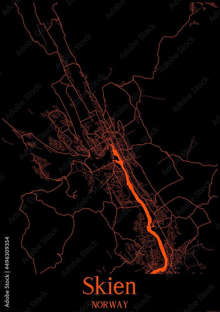 Black and orange halloween map of Skien Norway.This map contains ...
