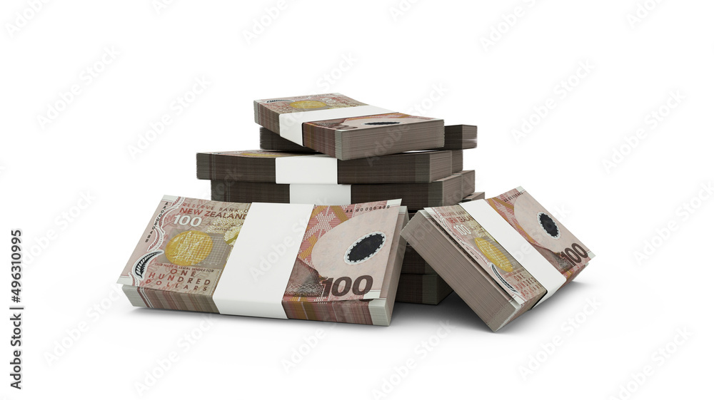 3d rendering of Stack of 100 New Zealand dollar notes. bundles of New ...