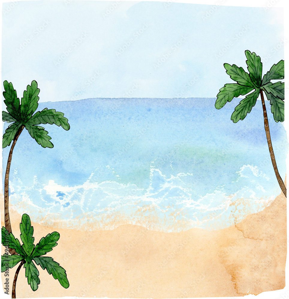 beach scene illustration, watercolor coastal landscape clip art, beach ...