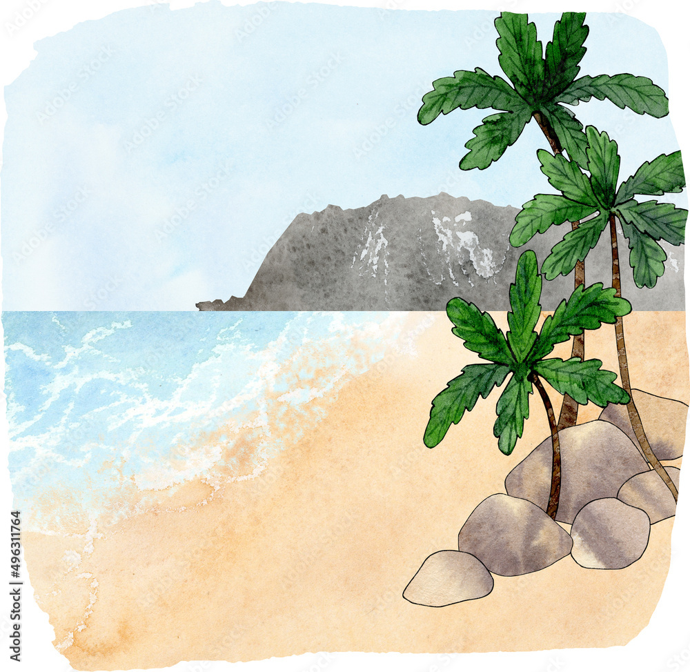 beach scene illustration, watercolor coastal landscape clip art, beach ...
