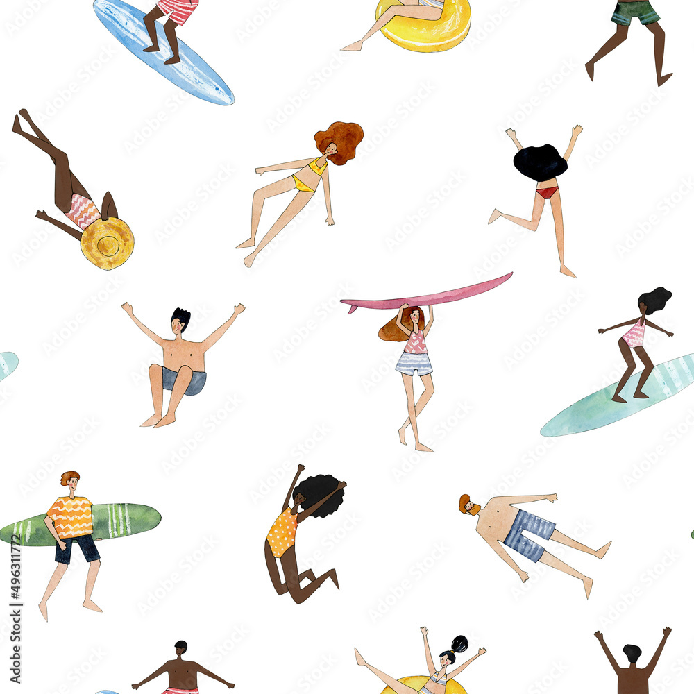 watercolor summer beach seamless pattern, surf digital paper, swimming ...